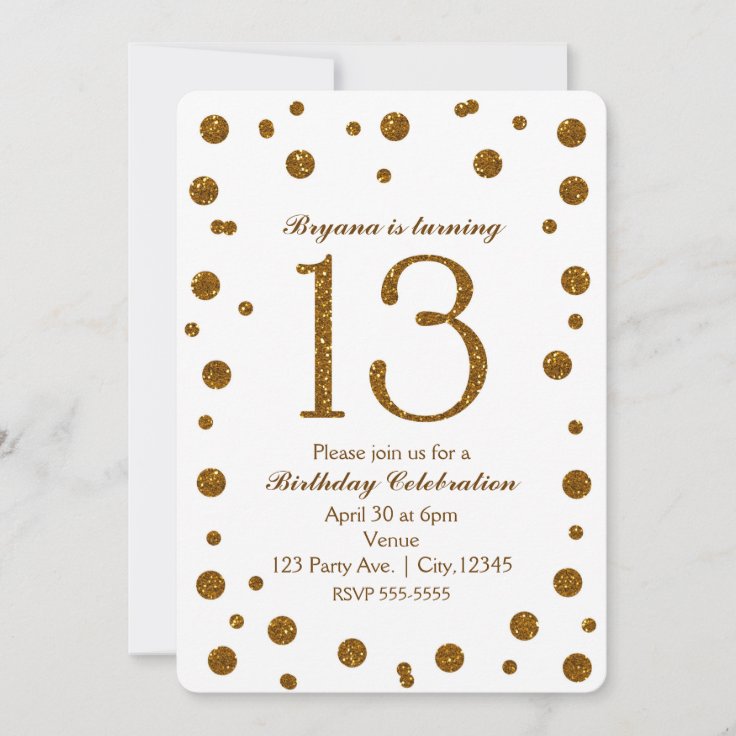 White & Gold Glitter Dots Sweet 13 Birthday Party Invitation | Zazzle