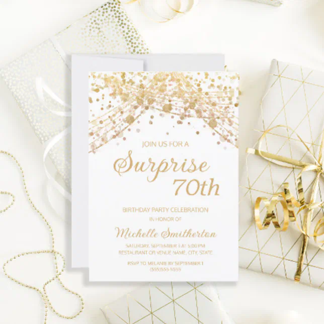 White Gold Glitter Surprise 70th Birthday Invitation | Zazzle