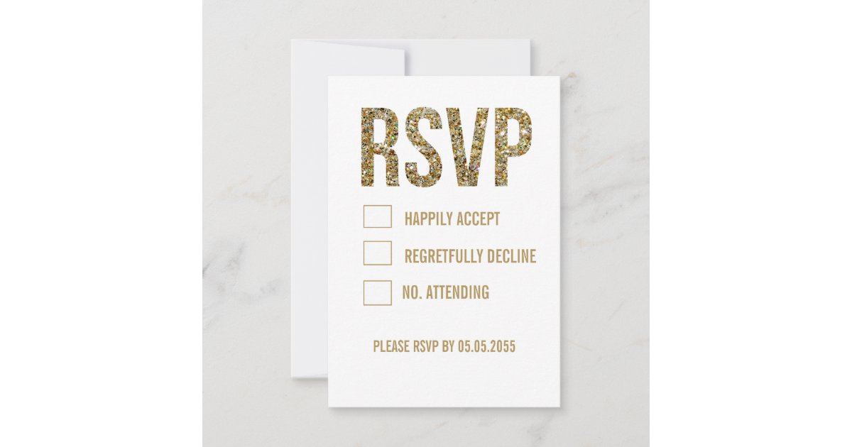 White & Gold Glitter Typography Wedding RSVP Cards | Zazzle