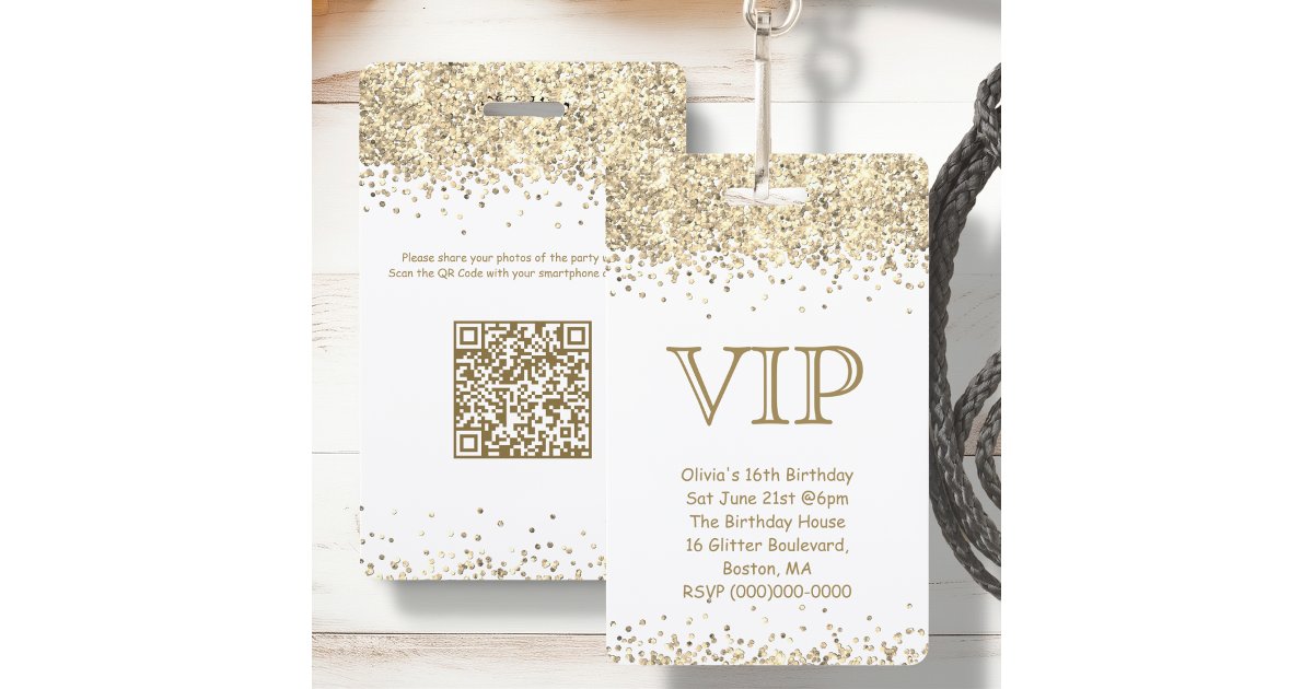 White & Gold Glitter | VIP Birthday Invitation Badge | Zazzle