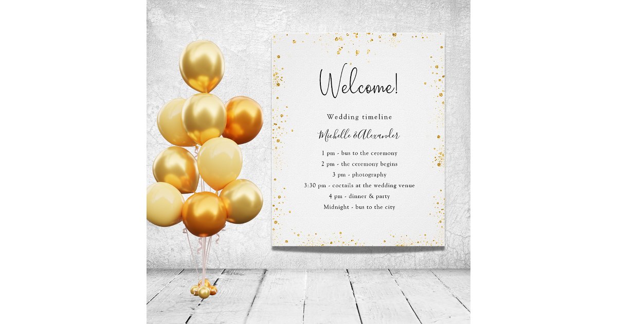 White gold glitter wedding program details poster | Zazzle