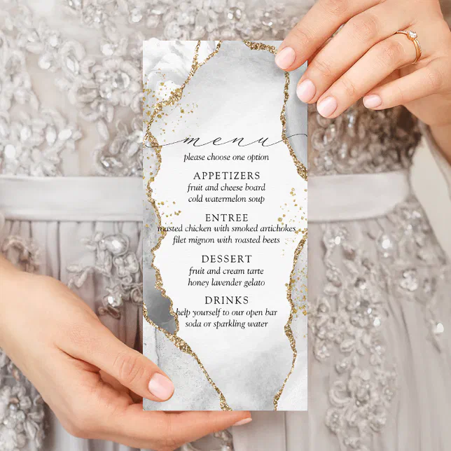 White, Gold & Grey Mist Agate Menu | Zazzle