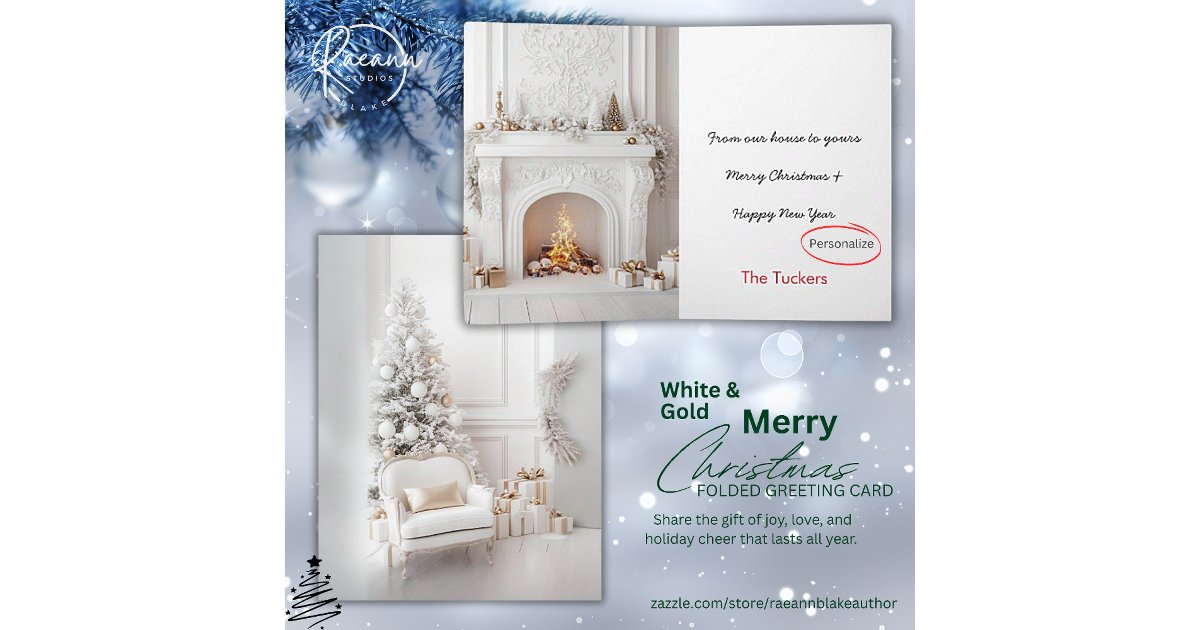 White & Gold Living Room Christmas Greeting Card | Zazzle