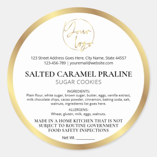 White & Gold Logo Luxury Modern Bakery Ingredients Classic Round ...