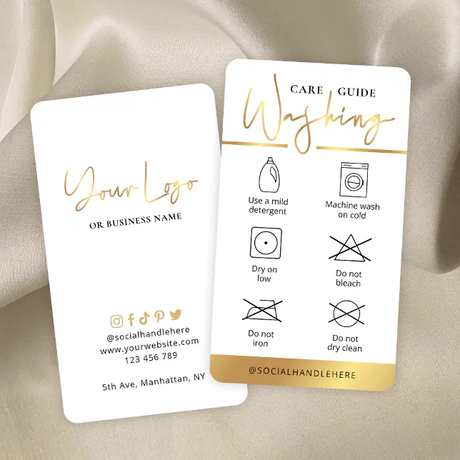 White & Gold Logo Washing Care Instructions Business Card | Zazzle