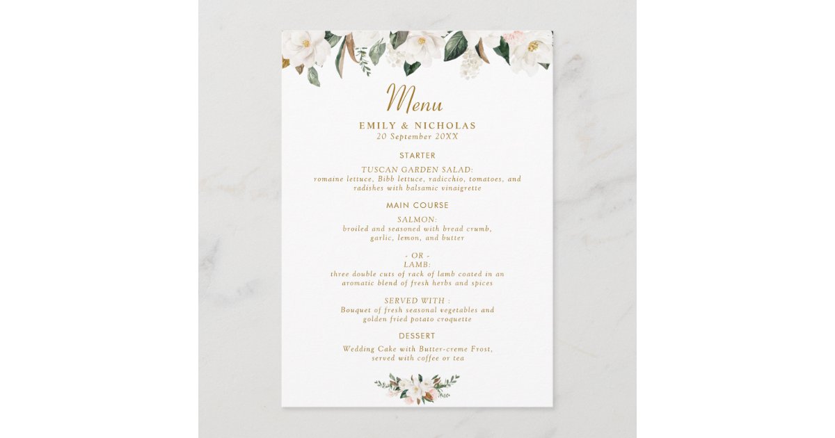 white & gold magnolia floral wedding menu | Zazzle