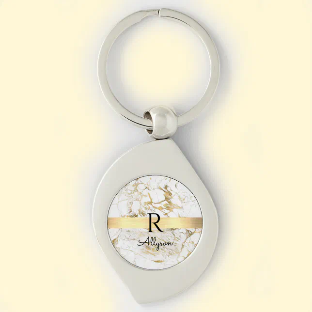 White & Gold Marble, Gold Bar, Black Name Monogram Keychain | Zazzle