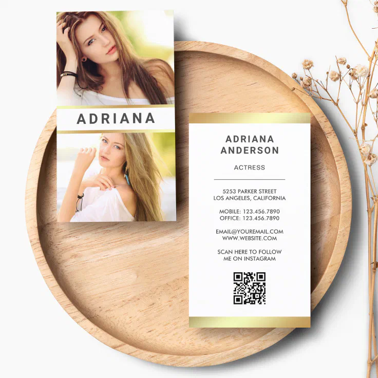 White Gold Model Actress QR Code 2 Photo Collage Business Card | Zazzle