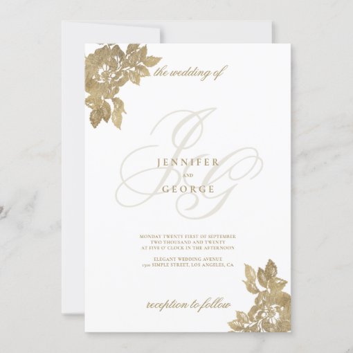 White gold monogram initials glam floral wedding invitation | Zazzle