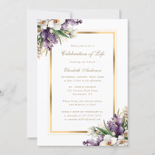 White Gold Orchid Floral Photo Celebration of Life Invitation | Zazzle