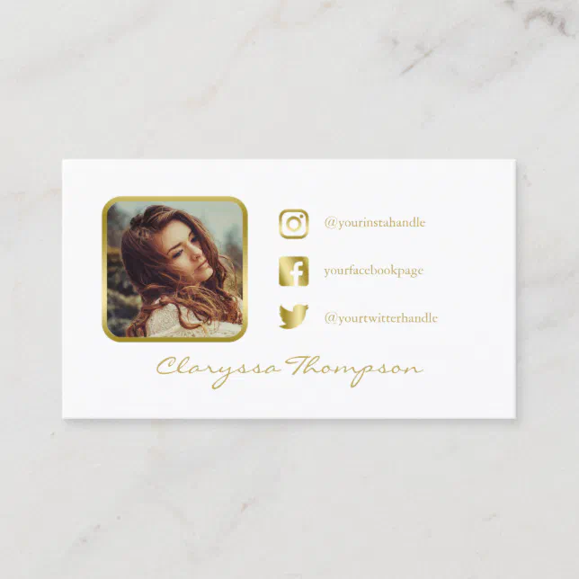 White & Gold Photo Social Media Calling Card | Zazzle