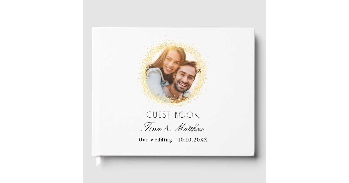 White gold photo sparkles elegant wedding guest book | Zazzle