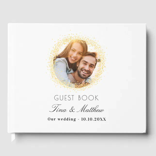 White gold photo sparkles elegant wedding guest book | Zazzle