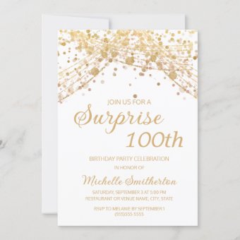 White Gold String Lights Surprise 100th Birthday Invitation | Zazzle