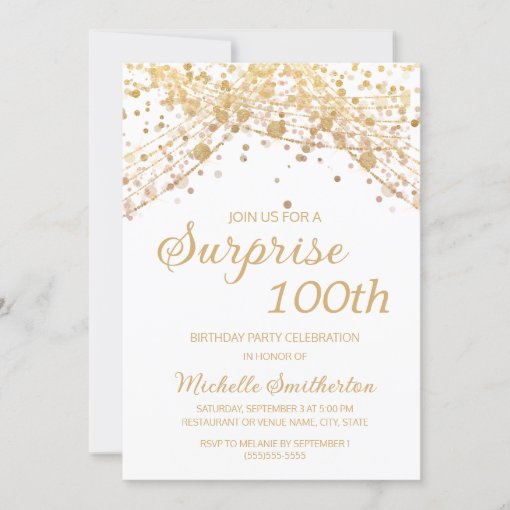 White Gold String Lights Surprise 100th Birthday Invitation | Zazzle