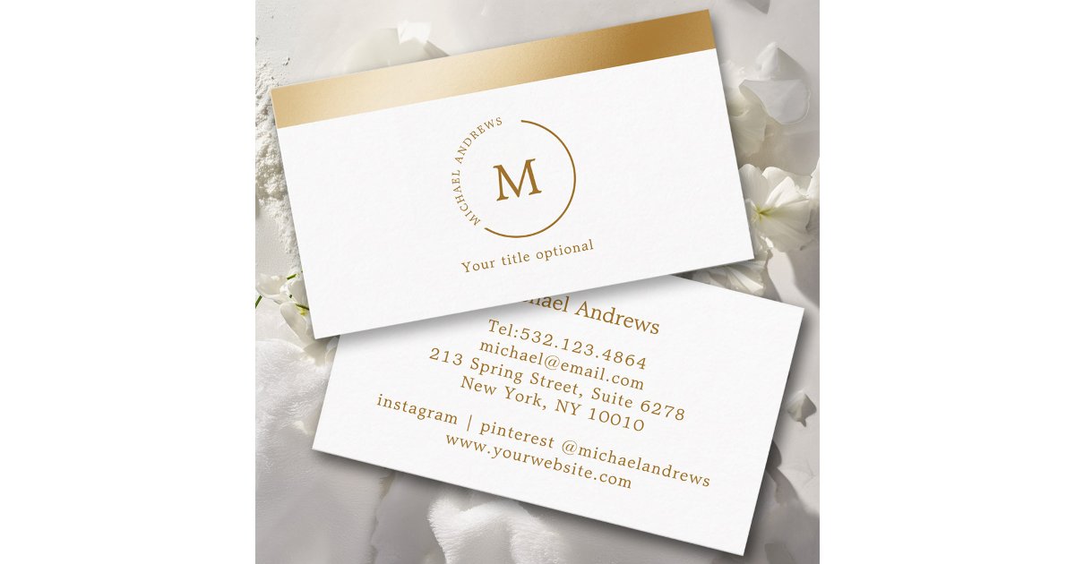 White Gold Stripe Monogramm Circle Business Card | Zazzle