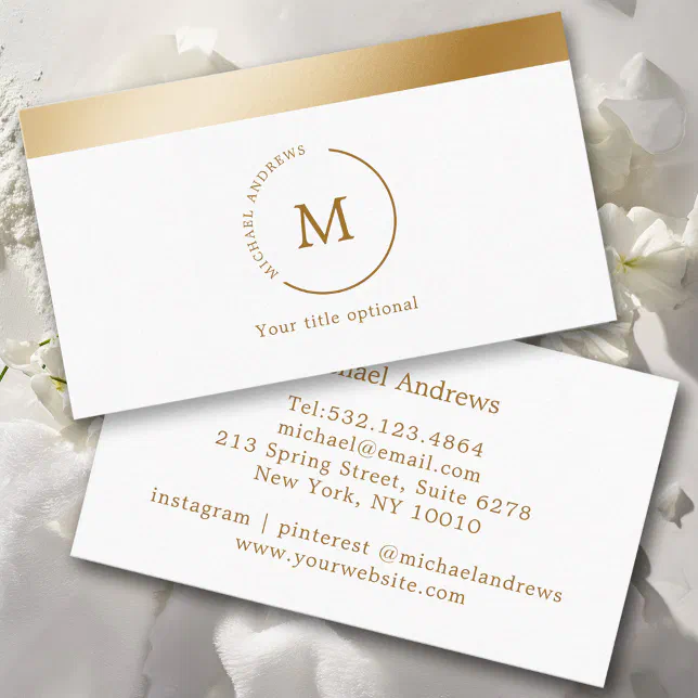 White Gold Stripe Monogramm Circle Business Card | Zazzle