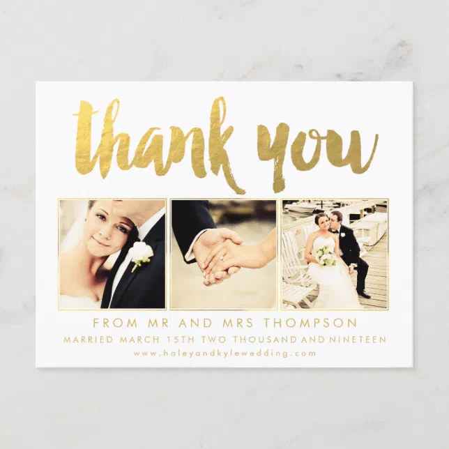 White Gold Thank You Script Typography Photo Postcard | Zazzle