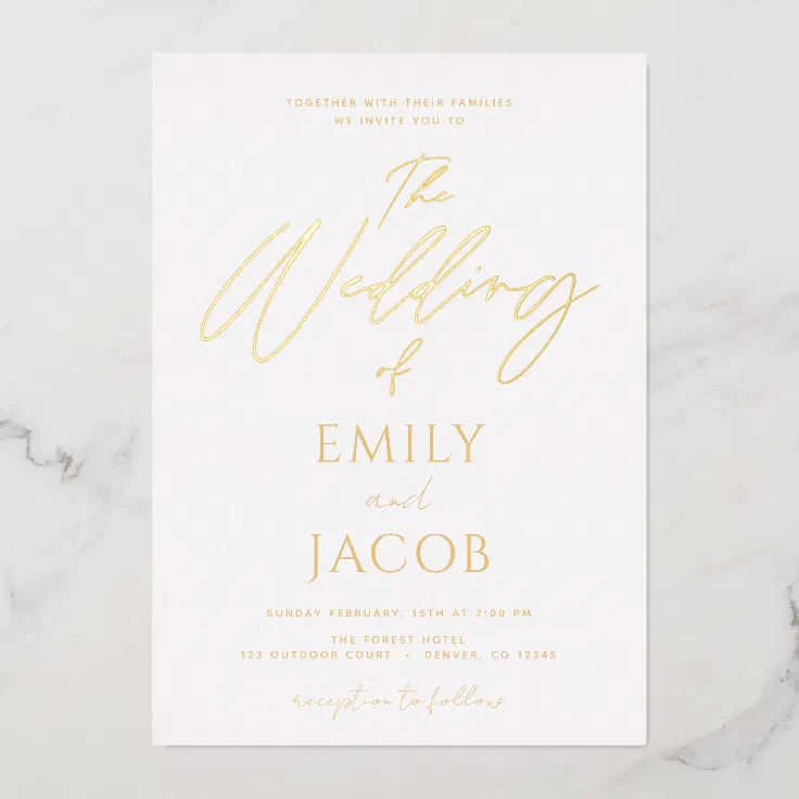 White Gold Wedding Modern Typography Script Foil Invitation | Zazzle