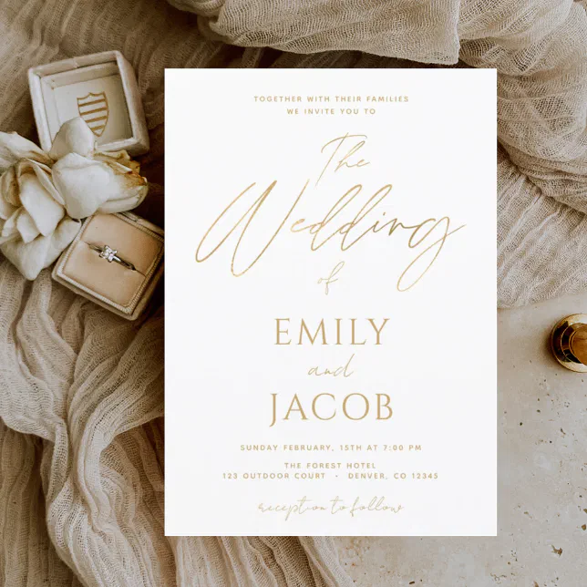 White Gold Wedding Modern Typography Script Foil Invitation | Zazzle