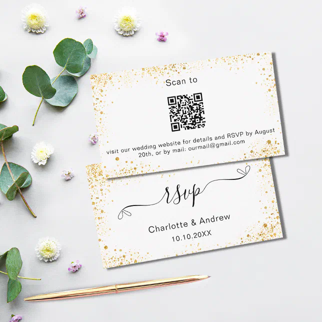 White gold wedding website RSVP QR code Enclosure Card | Zazzle