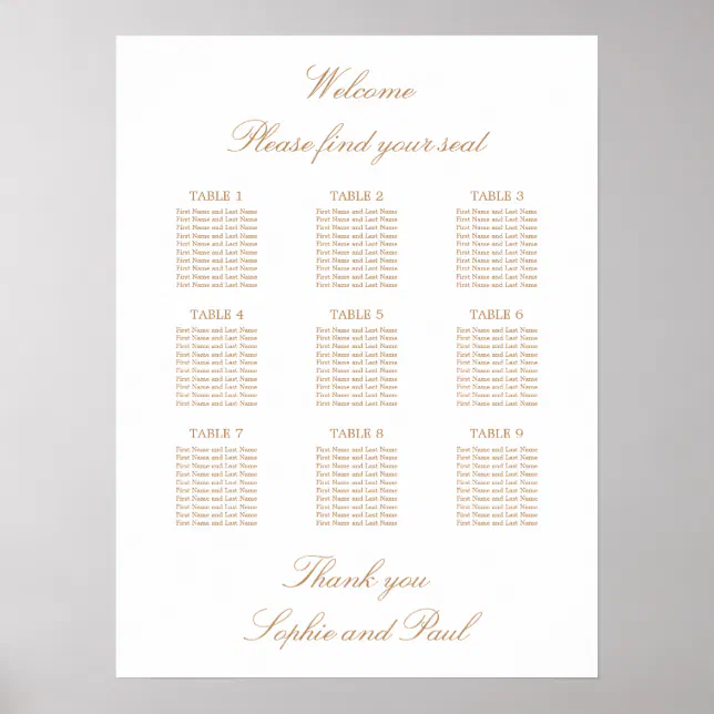 White Golden Beige 9 Table Wedding Seating Chart | Zazzle