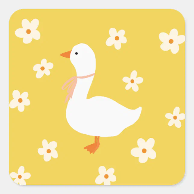 White Goose and Daisies Square Sticker | Zazzle