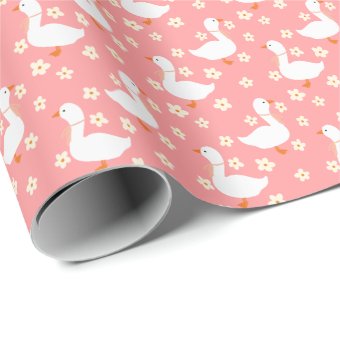 White Goose and Daisies Thank You Pink Wrapping Paper | Zazzle