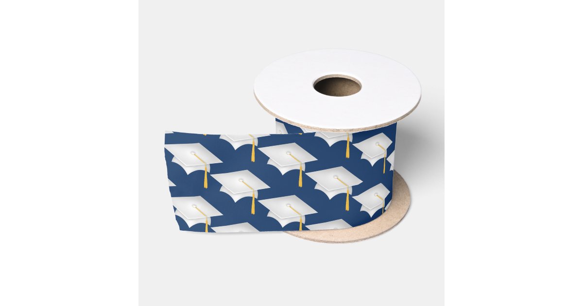 White Graduation Caps On Navy Blue Satin Ribbon | Zazzle