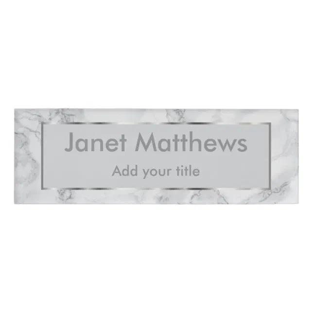 White & Gray Marble and Silver Texture Design Name Tag | Zazzle