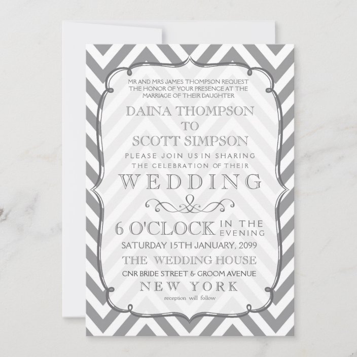 White Gray Neutral Alloy Chevron Stripes Wedding Invitation | Zazzle.com