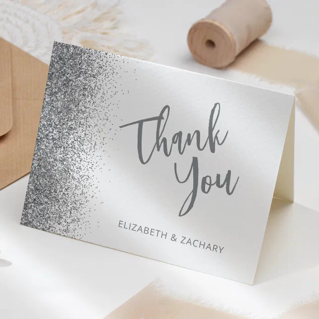 White Gray Silver Glitter Wedding Thank You Card | Zazzle