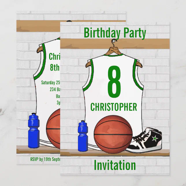 White Green Basketball Jersey Birthday Party Invitation | Zazzle