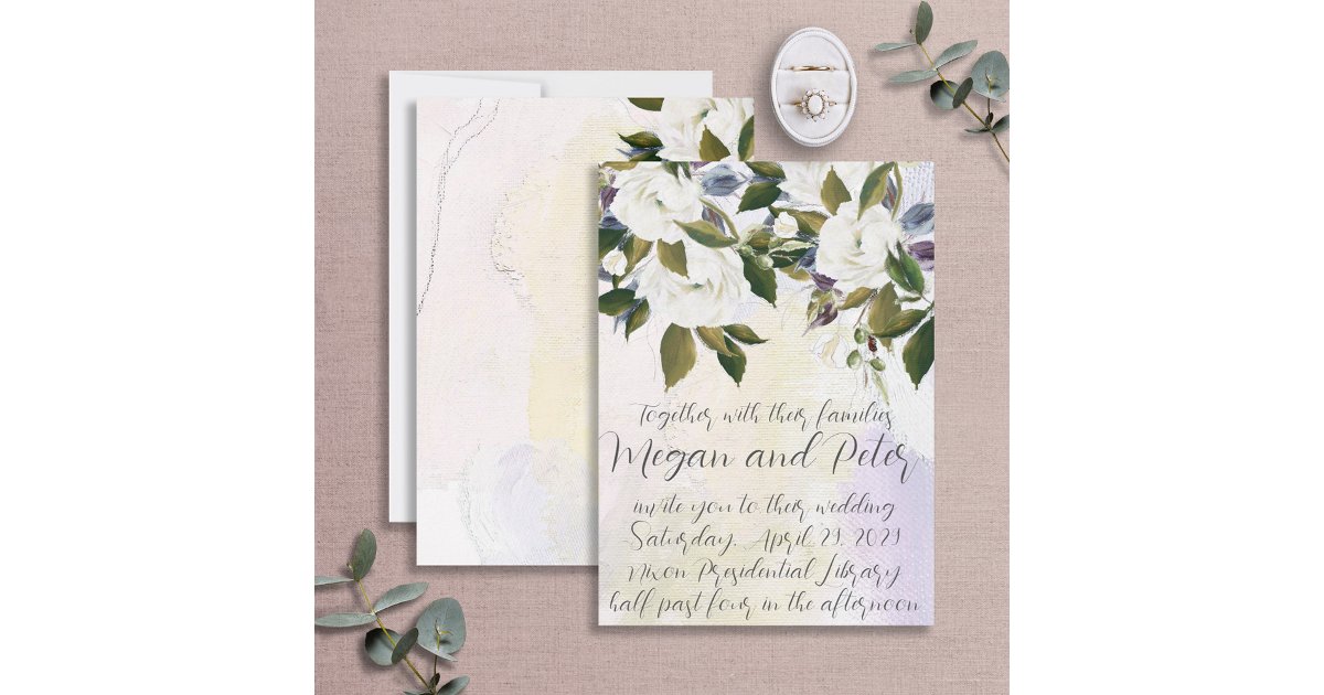 White & Green Fine Art Calligraphy Style Wedding Invitation | Zazzle