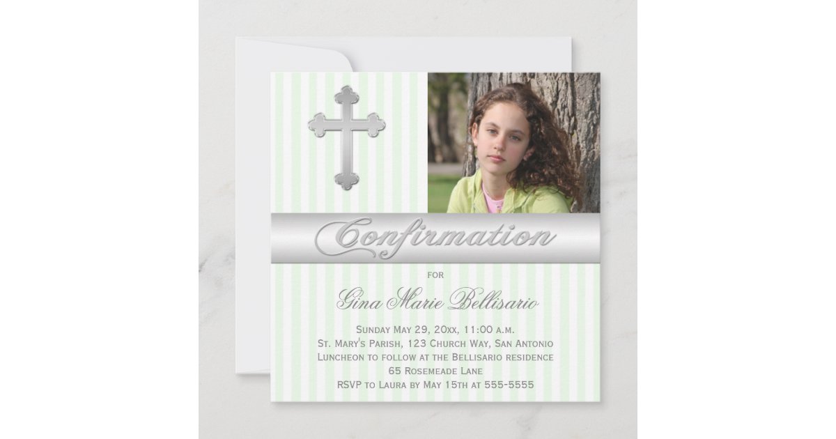 White Green Stripes Confirmation Photo Invitation | Zazzle