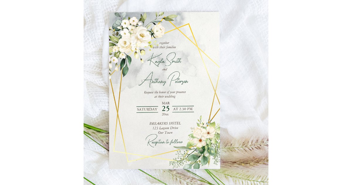 White greenery roses floral wedding invite | Zazzle