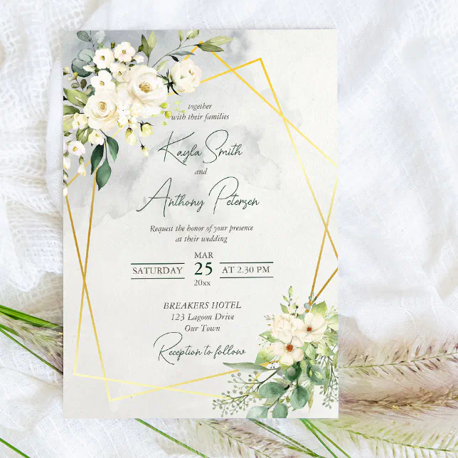White greenery roses floral wedding invite | Zazzle
