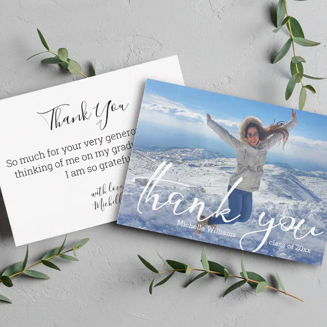 white handwriting thank you graduation photo note card | Zazzle