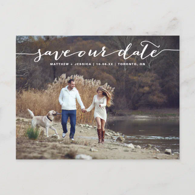 White Handwritten Script Photo Save Our Date II Announcement Postcard ...