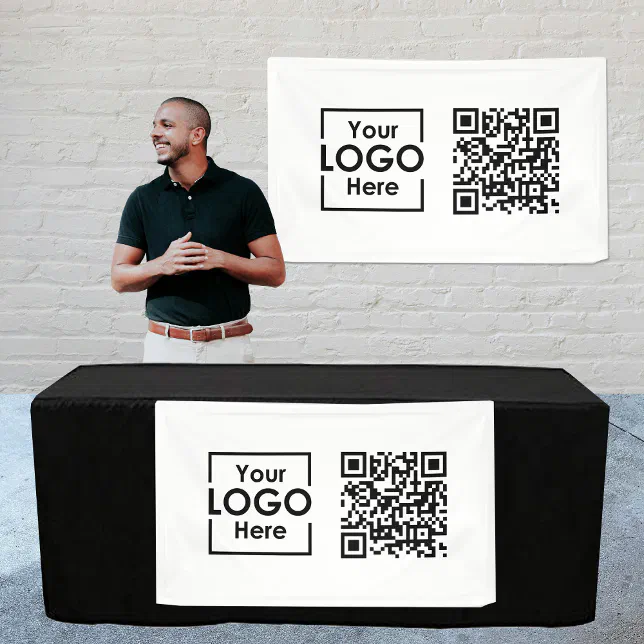 White Hanging Banner Sign Business Logo QR Code | Zazzle