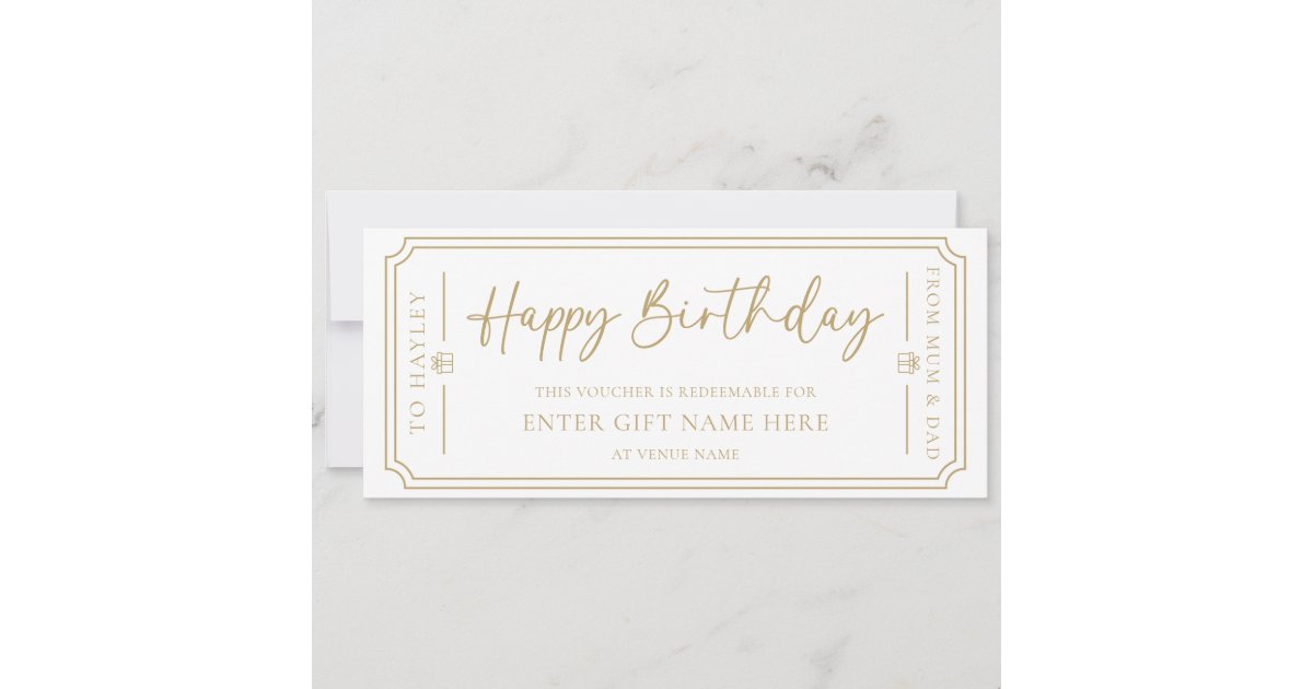 White Happy Birthday Gift Voucher Card | Zazzle