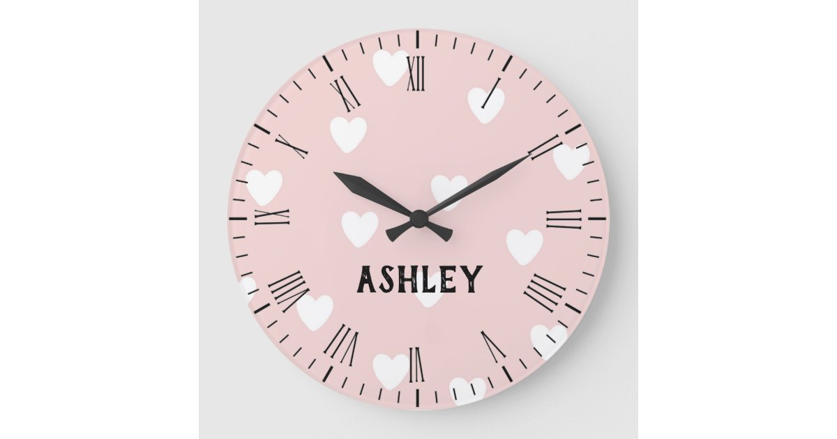 White Hearts on Pink Personalized Wall Clock | Zazzle