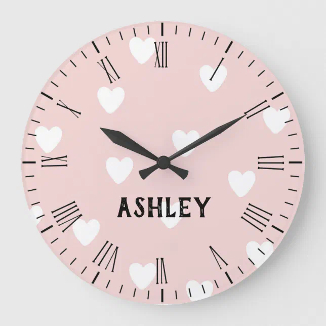 White Hearts on Pink Personalized Wall Clock | Zazzle