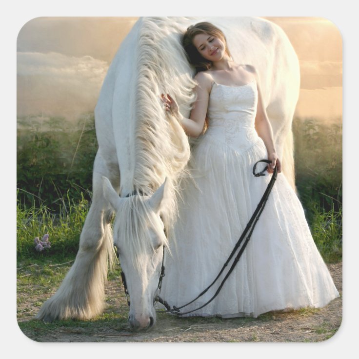 White Horse with Bride Square Sticker | Zazzle
