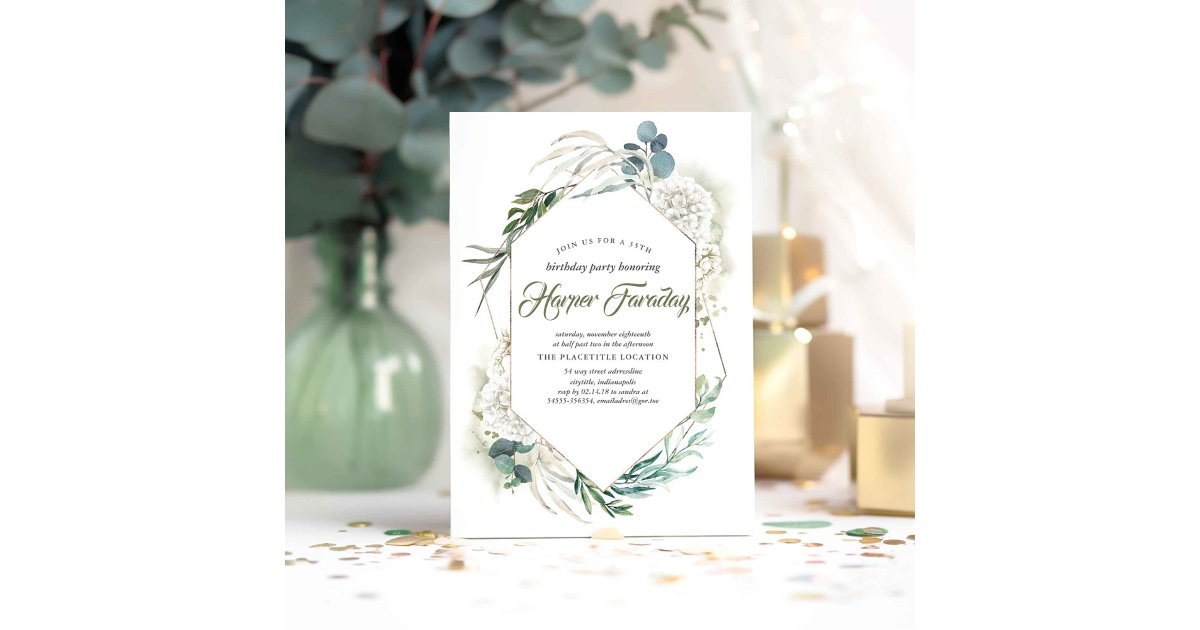 White Hydrangea and Greenery Birthday Invitations | Zazzle