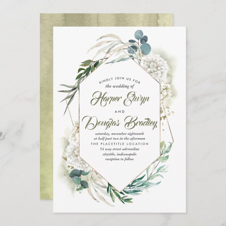 White Hydrangea and Greenery Modern Floral Wedding Invitation | Zazzle