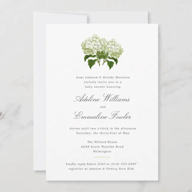 White Hydrangea Grand Millennial Joint Baby Shower Invitation | Zazzle