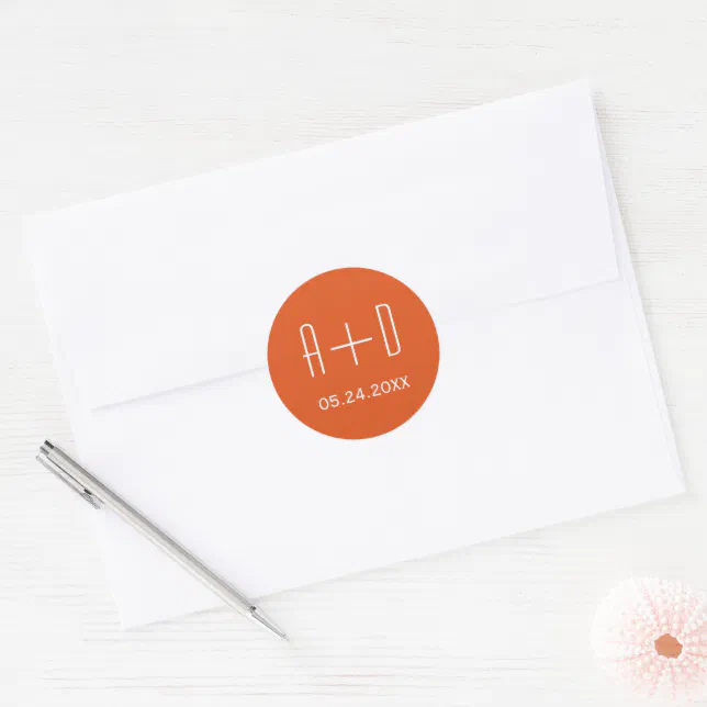 White initials, simple elegant orange wedding classic round sticker ...