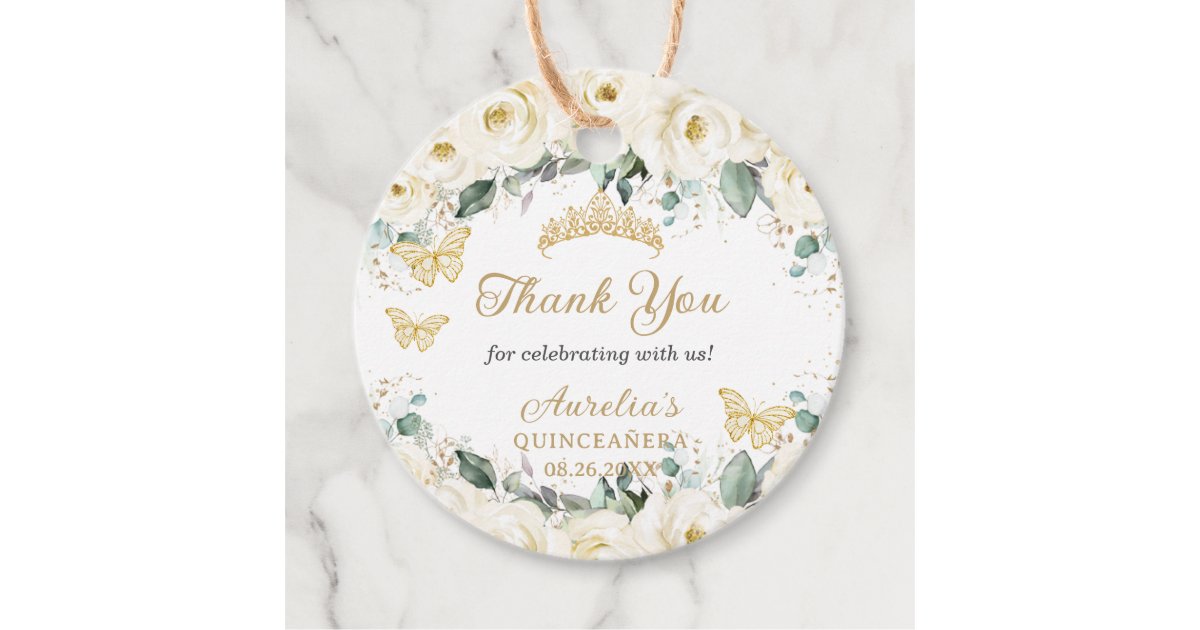 White Ivory Floral Gold Butterflies Princess Tiara Favor Tags | Zazzle