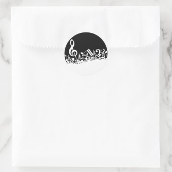 White Jumbled Musical Notes on Black Classic Round Sticker | Zazzle